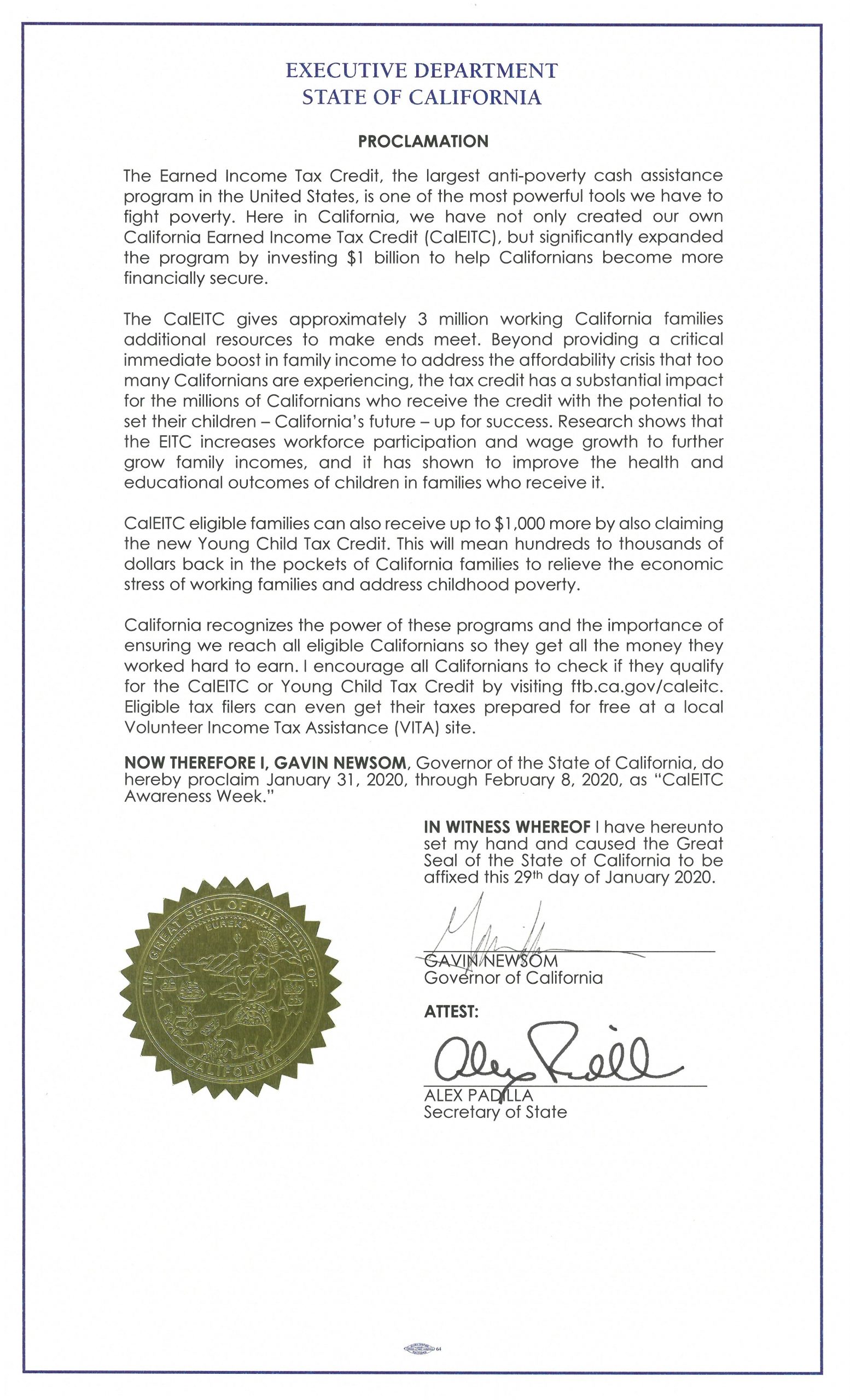 Governor Newsom Issues Proclamation Declaring CalEITC Awareness Week ...