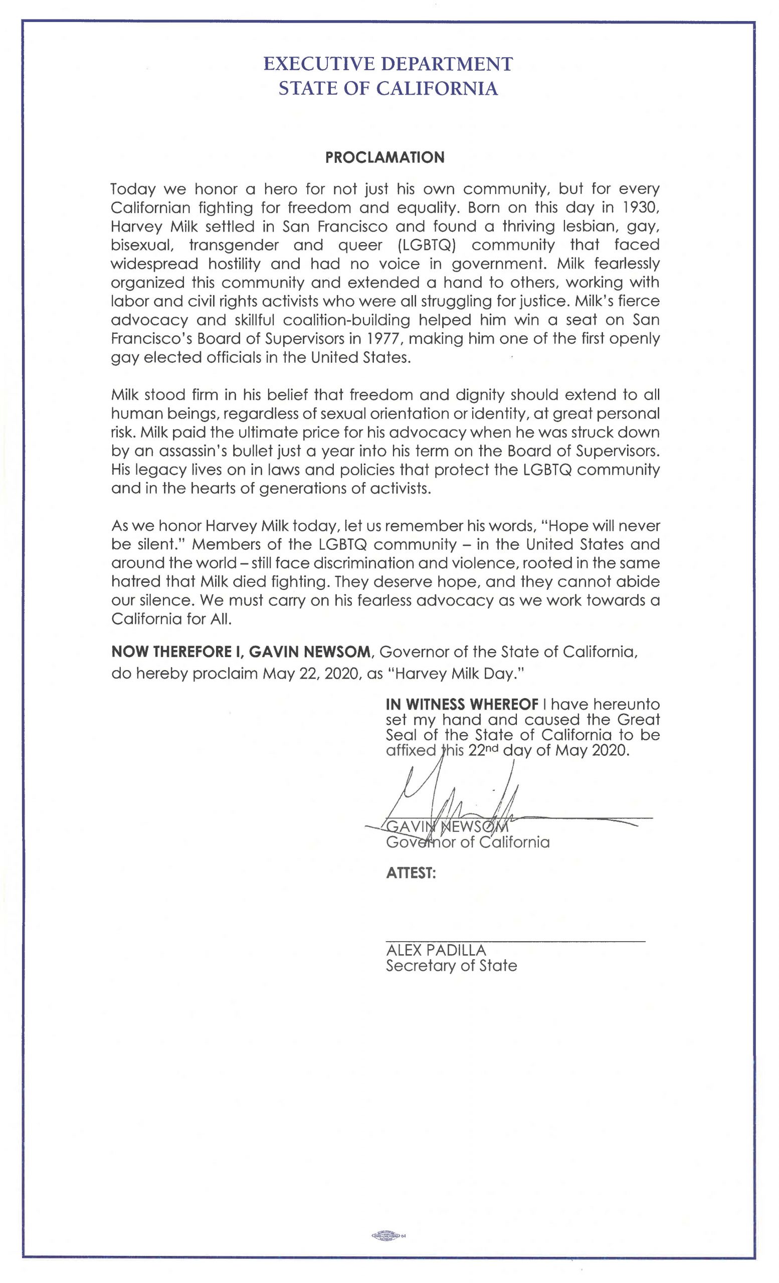 Governor Newsom Issues Proclamation Declaring Harvey Milk Day ... Governor Newsom Issues Proclamation Declaring Harvey Milk Day ...