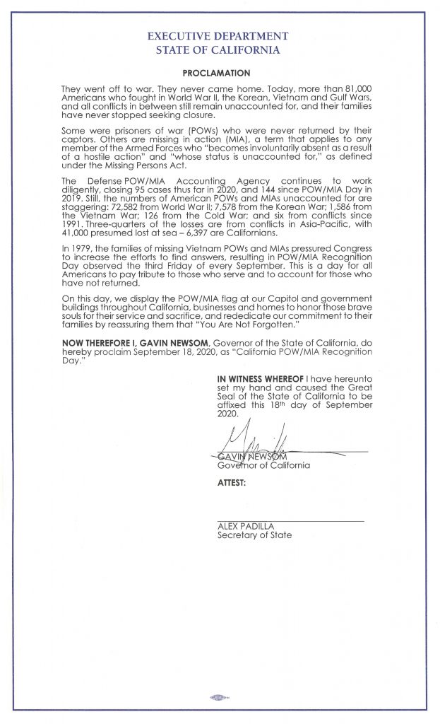 Governor Newsom Issues Proclamation Declaring POW/MIA Recognition Day 9 ... Governor Newsom Issues Proclamation Declaring POW/MIA Recognition Day 9 ...