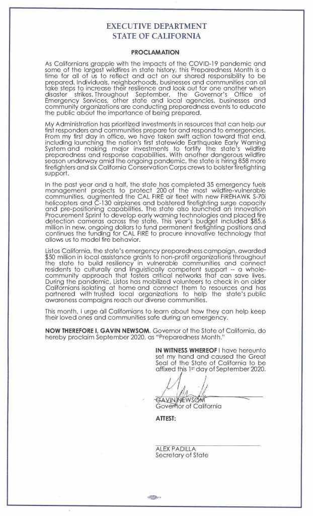Governor Newsom Issues Proclamation Declaring Preparedness Month 9.1.20 ...