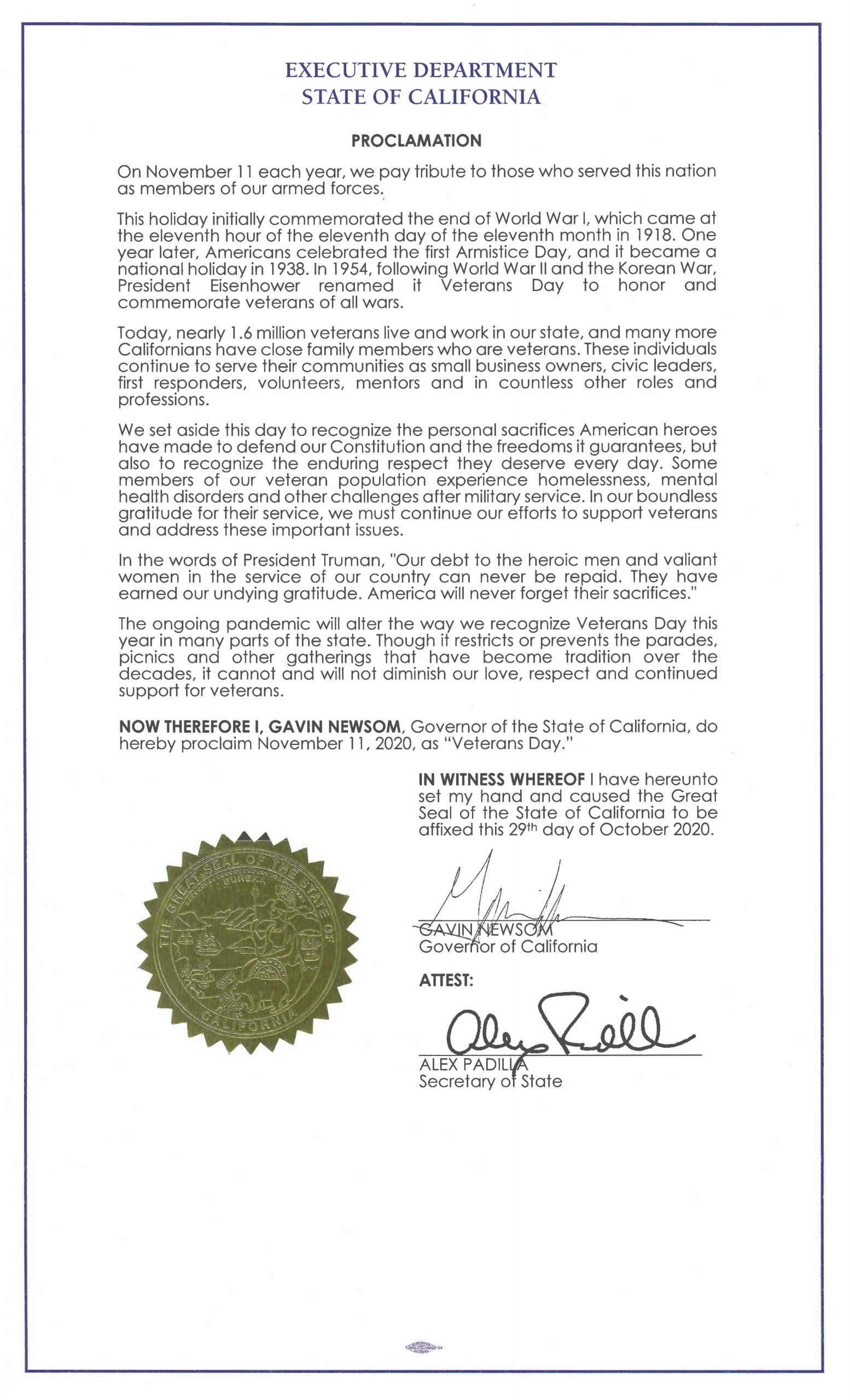Governor Newsom Issues Proclamation Declaring Veterans Day | California ... Governor Newsom Issues Proclamation Declaring Veterans Day | California ...