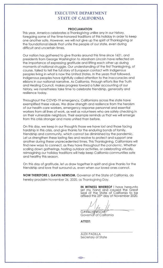 Governor Newsom Issues Proclamation Declaring Thanksgiving Day 11.25.20 ...