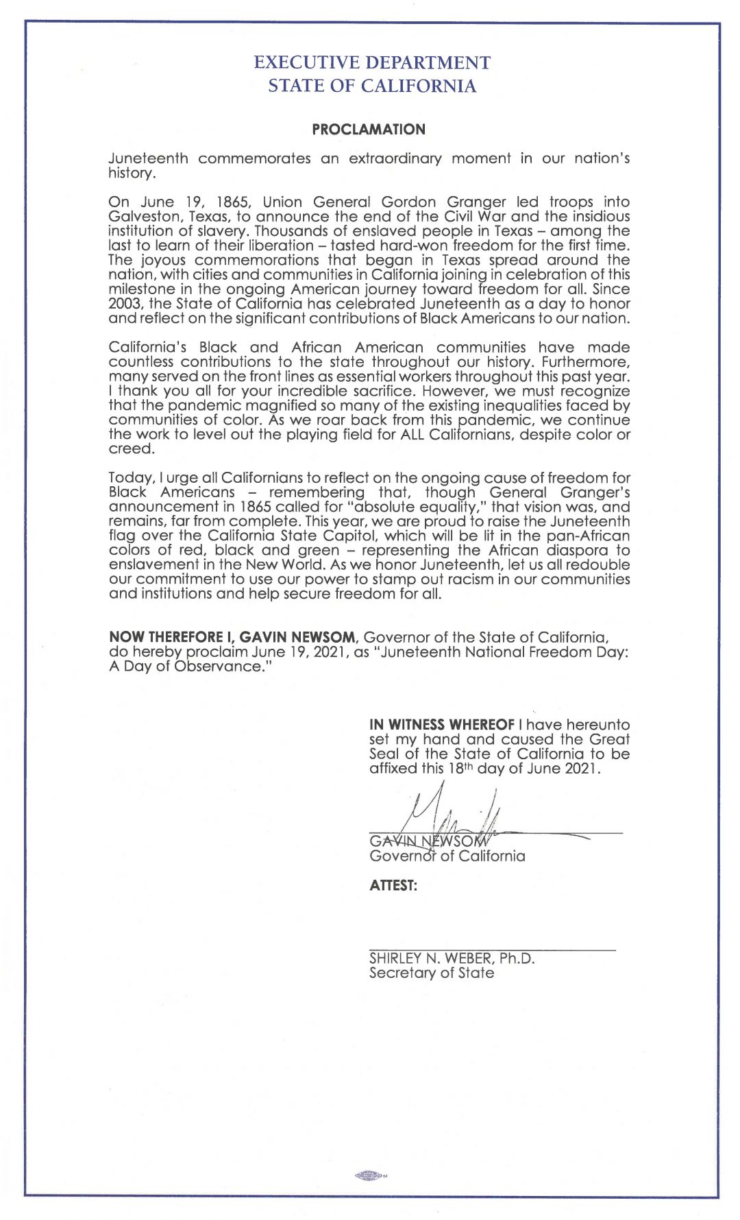 Governor Newsom Issues Proclamation Declaring Juneteenth Day of ...