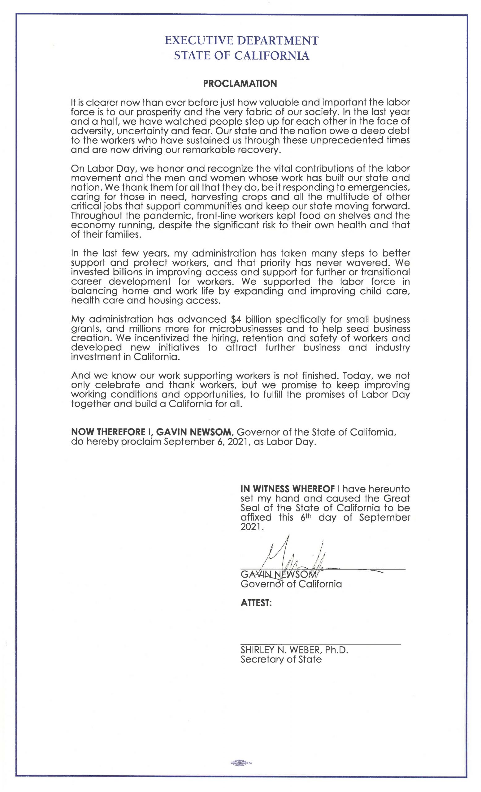 Governor Newsom Issues Proclamation Declaring Labor Day 9.6.21 ...