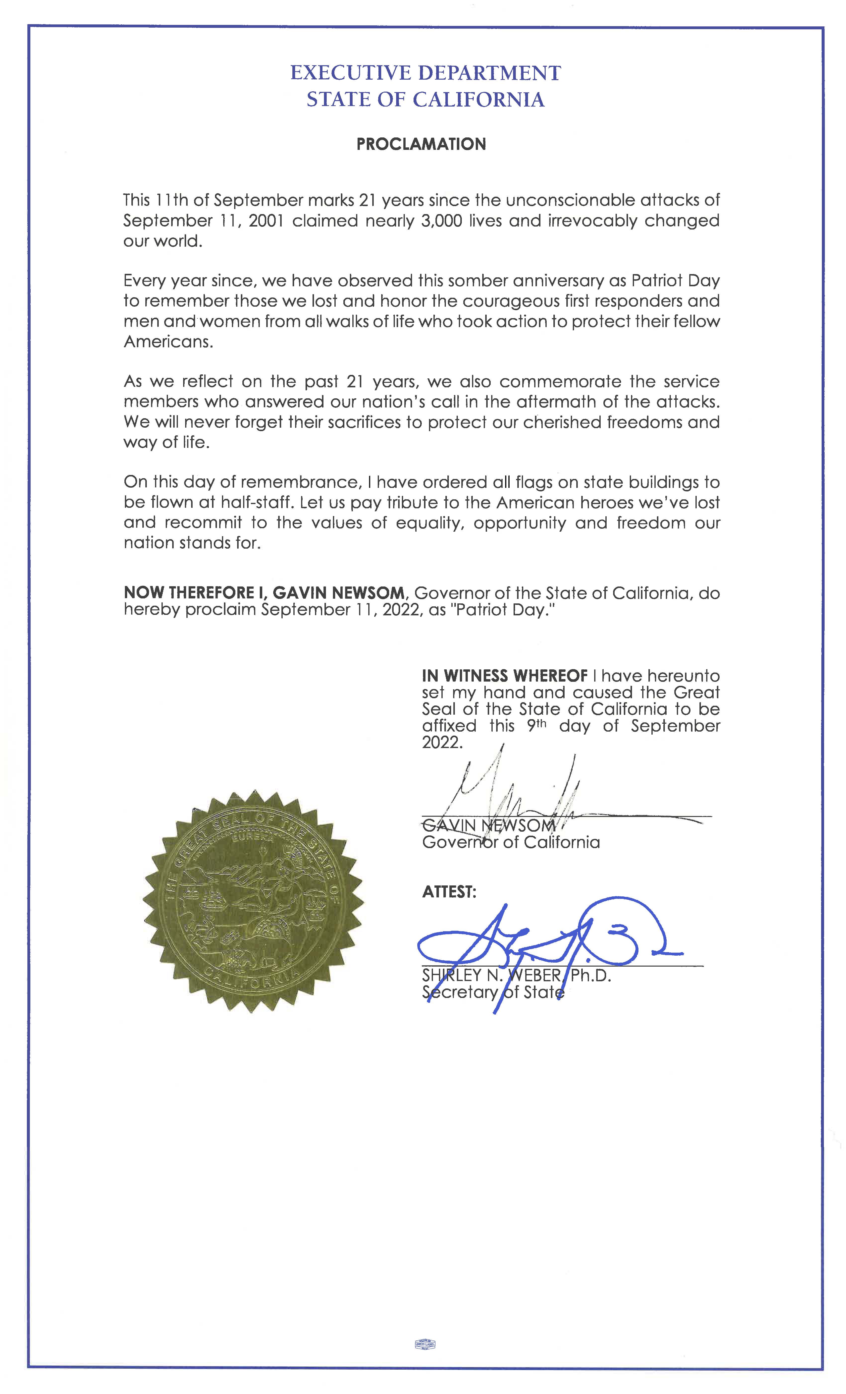 Governor Newsom Proclaims Patriot Day 2022 | California Governor Governor Newsom Proclaims Patriot Day 2022 | California Governor