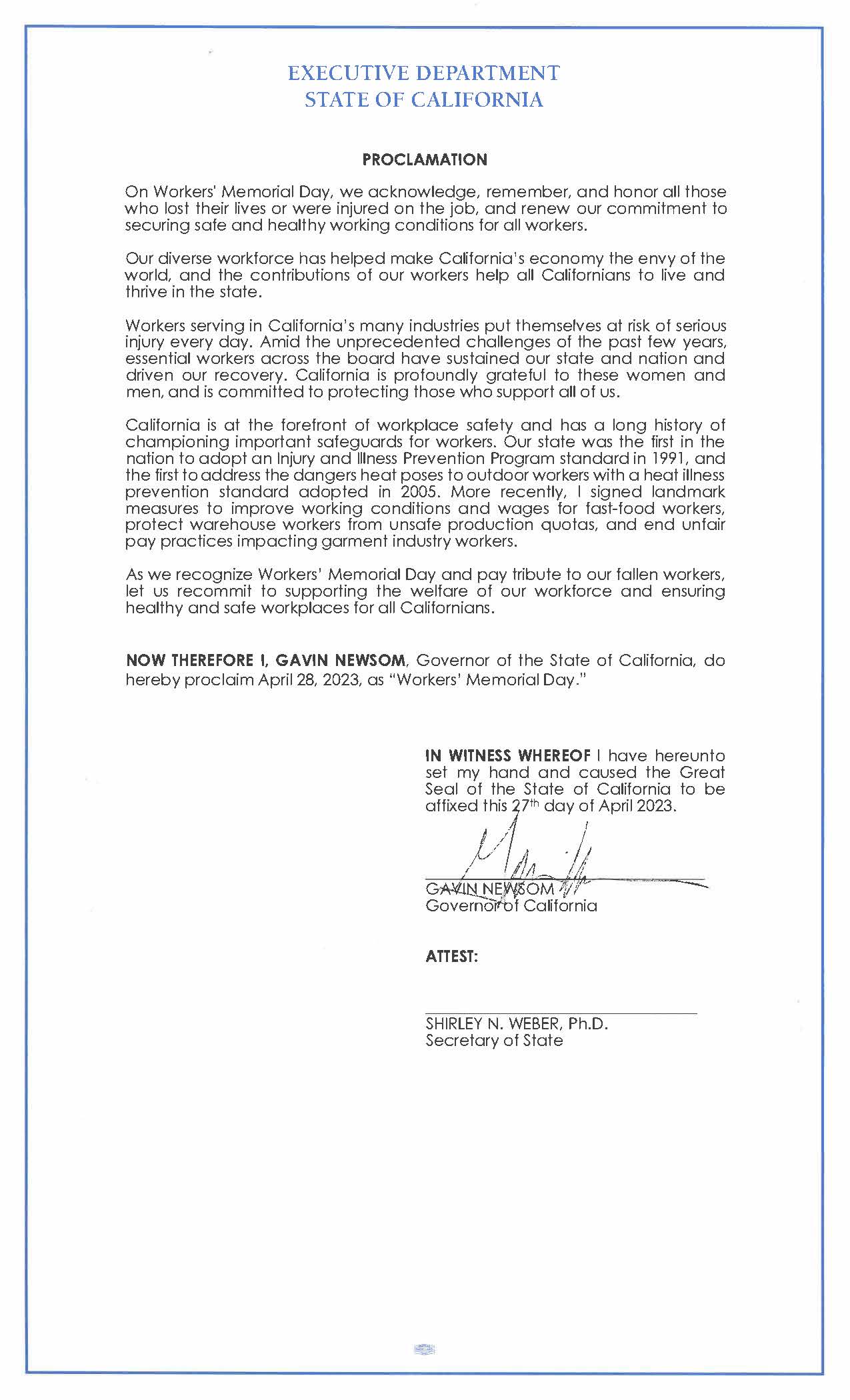 Governor Newsom Proclaims Workers’ Memorial Day 2023 | Governor of ... Governor Newsom Proclaims Workers’ Memorial Day 2023 | Governor of ...