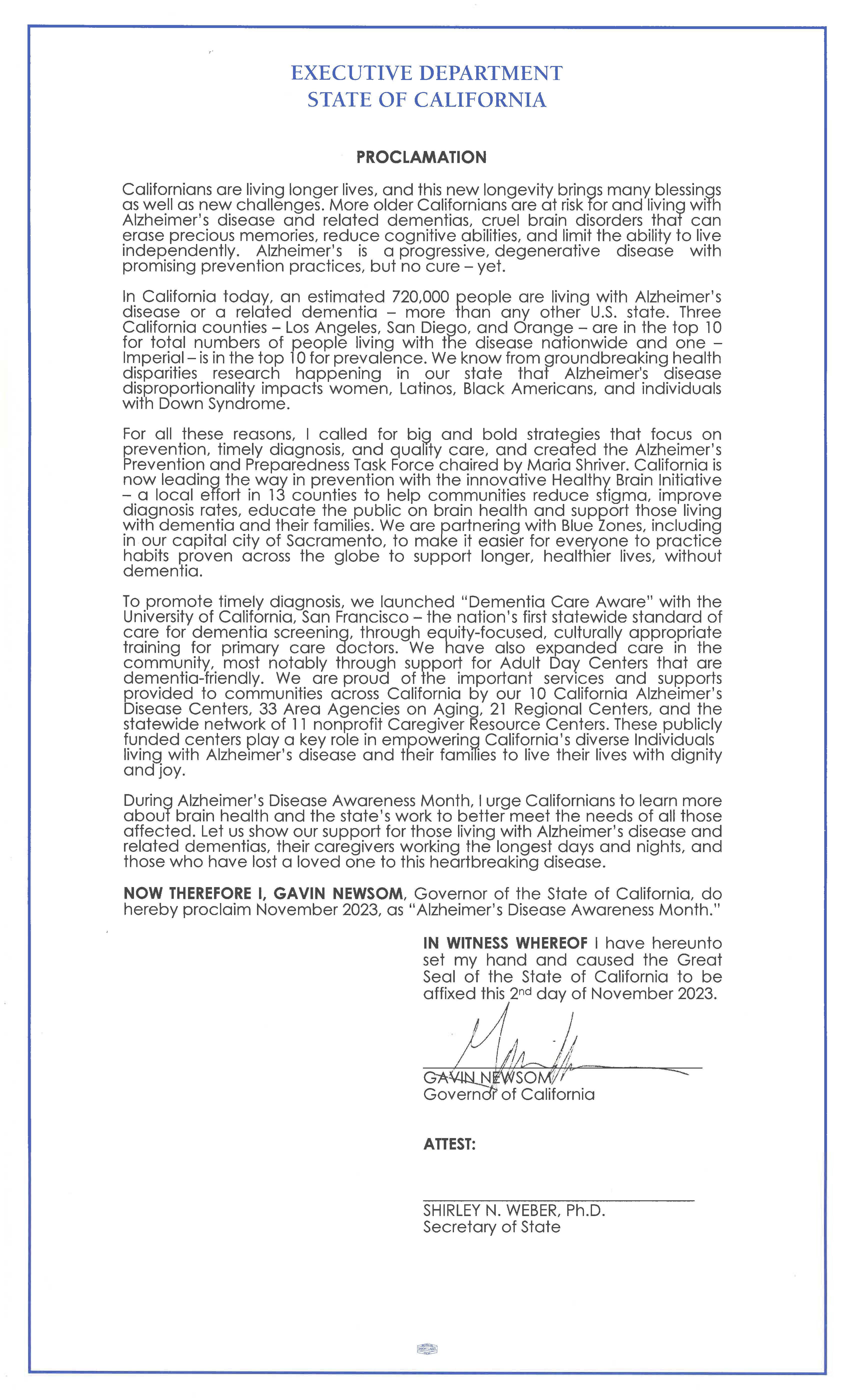 Governor Newsom Proclaims Alzheimer’s Disease Awareness Month ... Governor Newsom Proclaims Alzheimer’s Disease Awareness Month ...