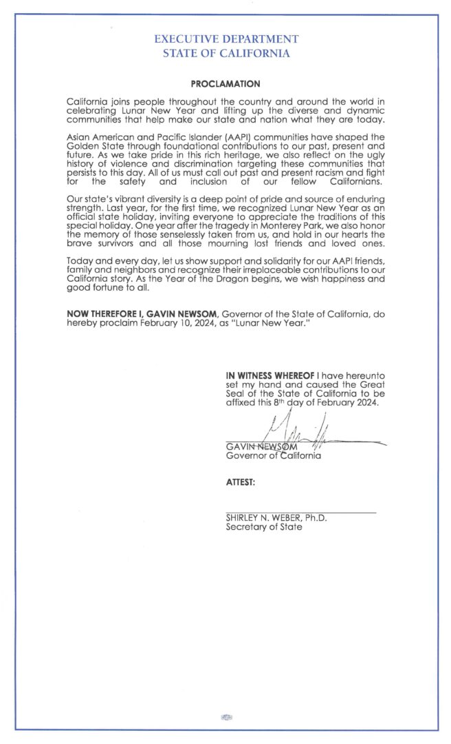 Governor Newsom Proclaims Lunar New Year 2024 | Governor of California Governor Newsom Proclaims Lunar New Year 2024 | Governor of California