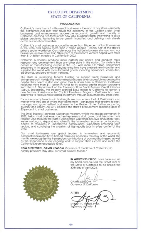 Governor Newsom Proclaims Small Business Month 2024 | Governor of ...