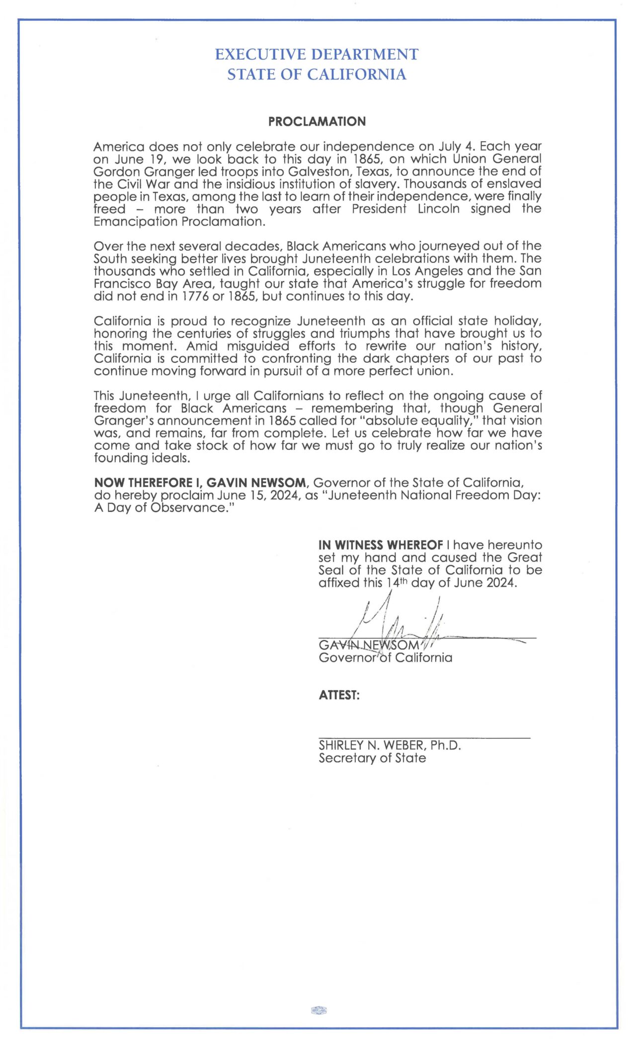 Governor Newsom proclaims Juneteenth Day of Observance 2024 | Governor ...
