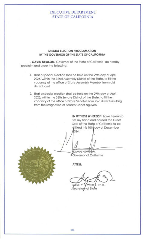 Governor Newsom proclaims special election for Senate District 36 ...