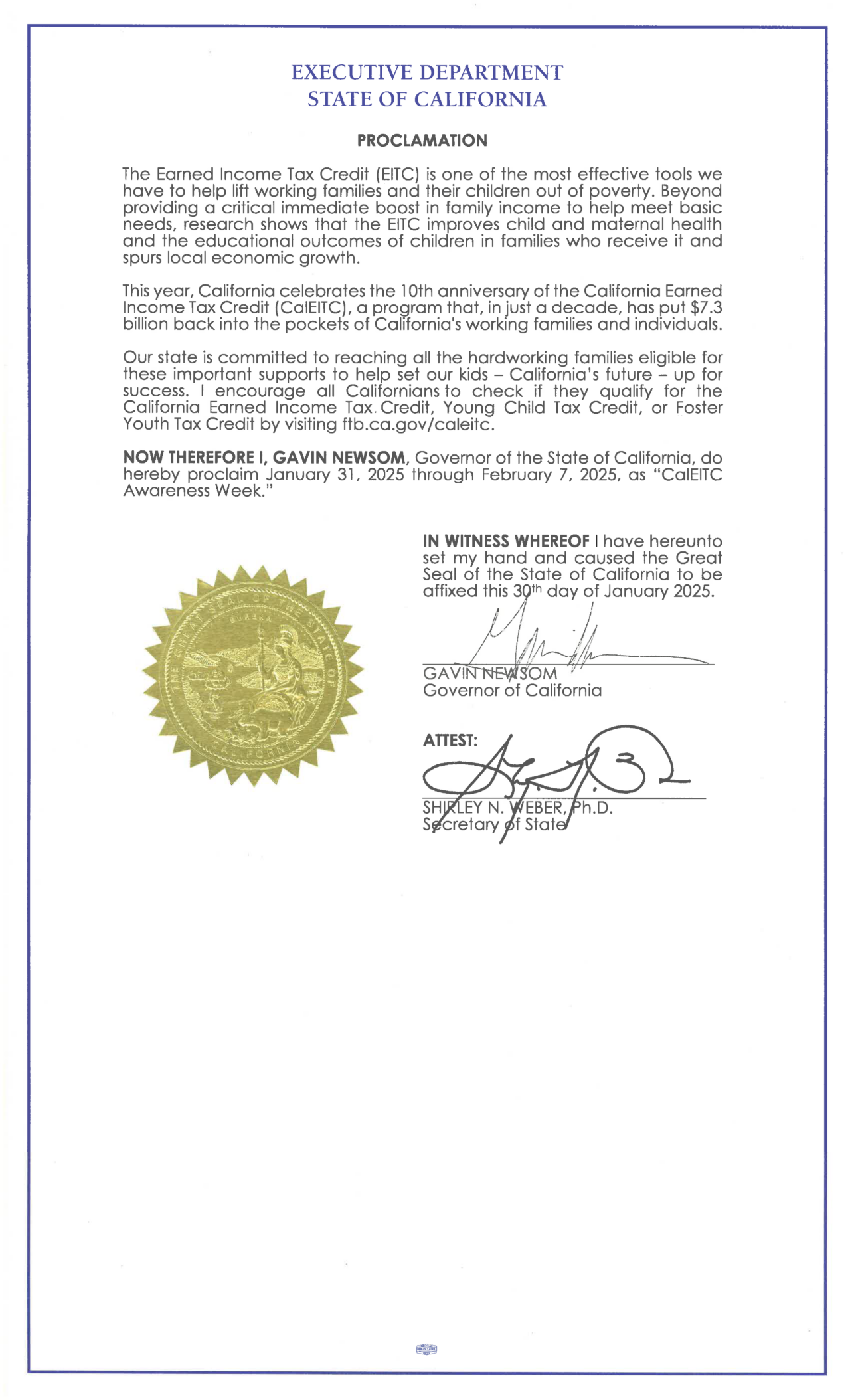 Governor Newsom proclaims CalEITC Awareness Week 2025 | Governor of ...