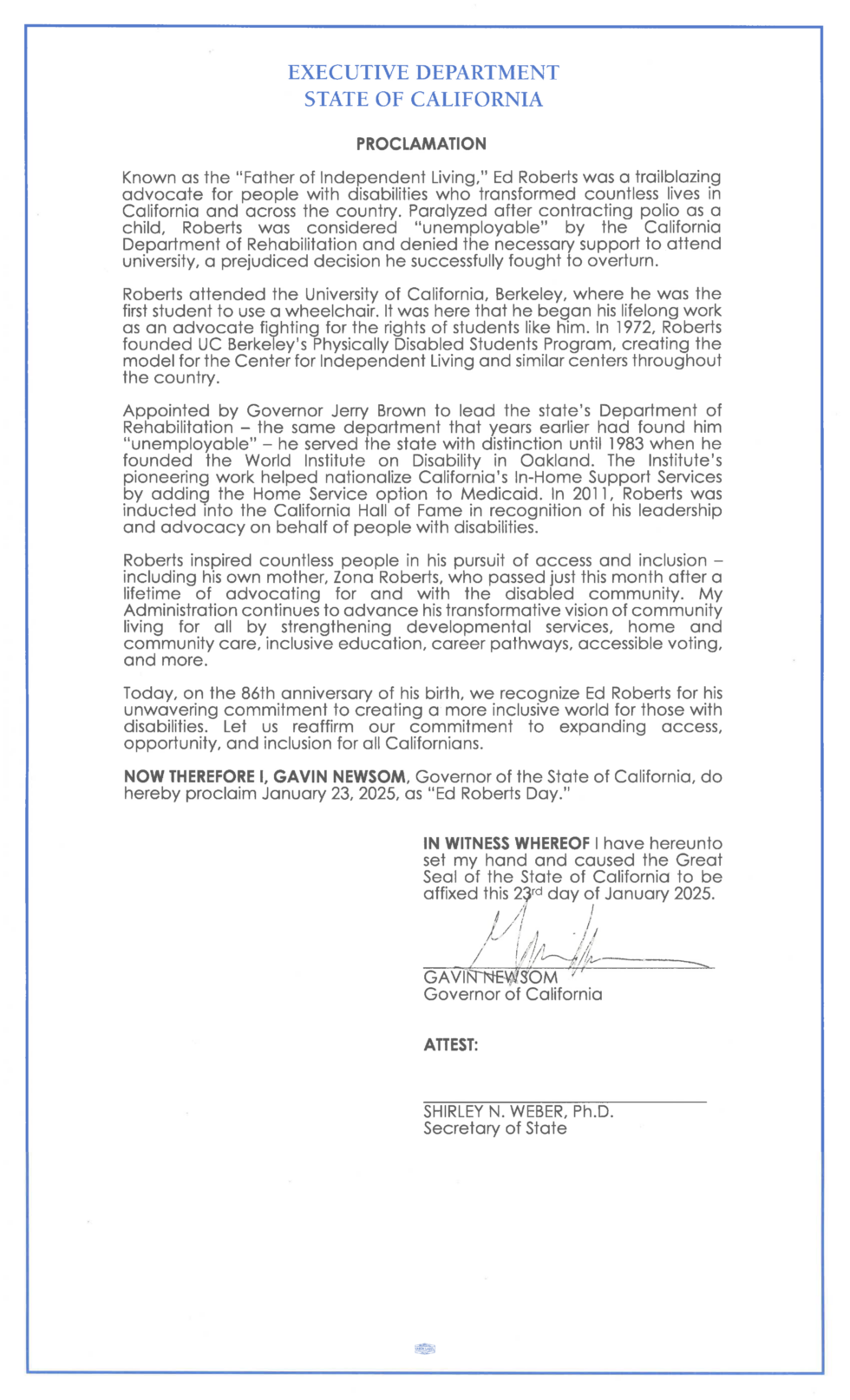 Governor Newsom proclaims Ed Roberts Day 2025 | Governor of California