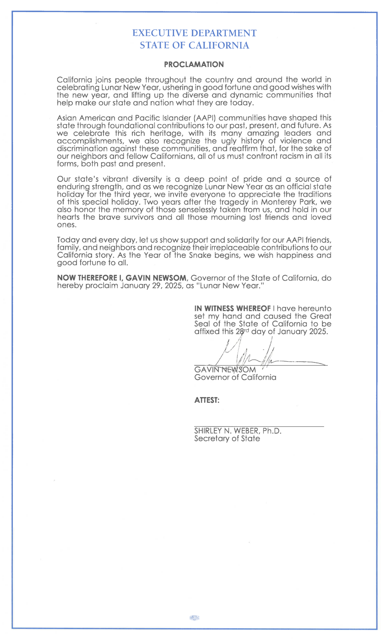 Governor Newsom proclaims Lunar New Year 2025 | Governor of California