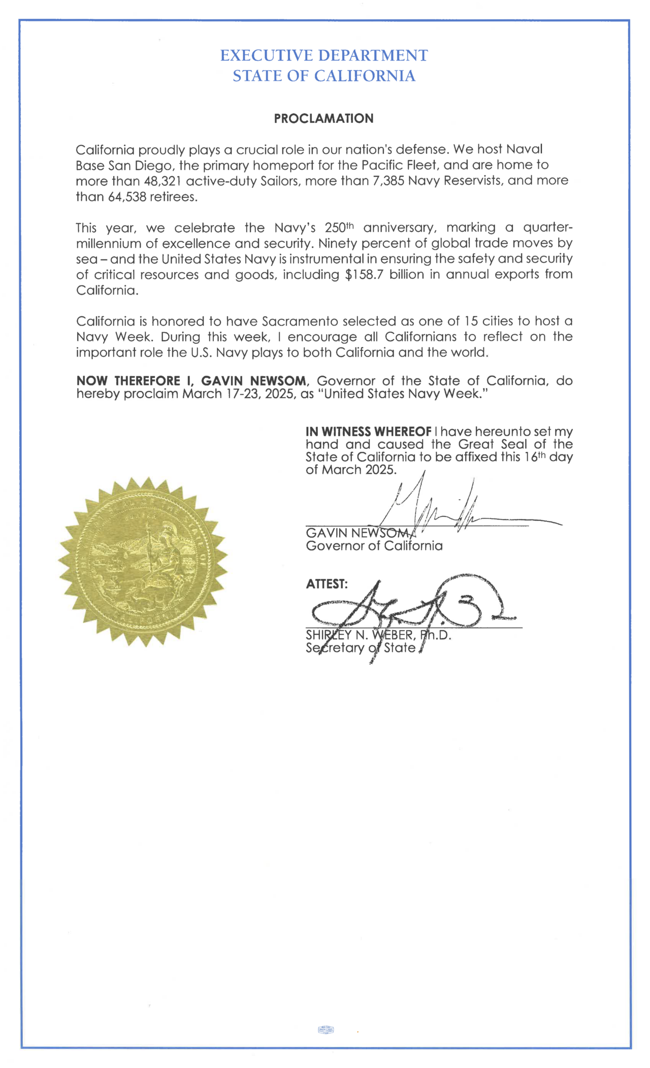 Governor Newsom proclaims United States Navy Week 2025 | Governor of ...