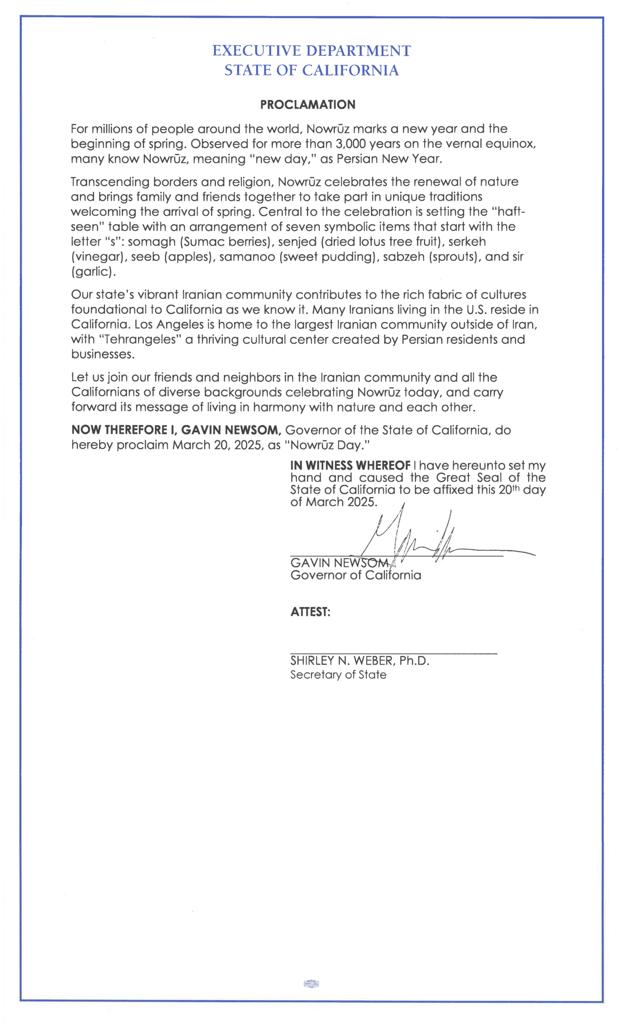 Governor Newsom Proclaims Nowrūz Day 2025 | Governor of California