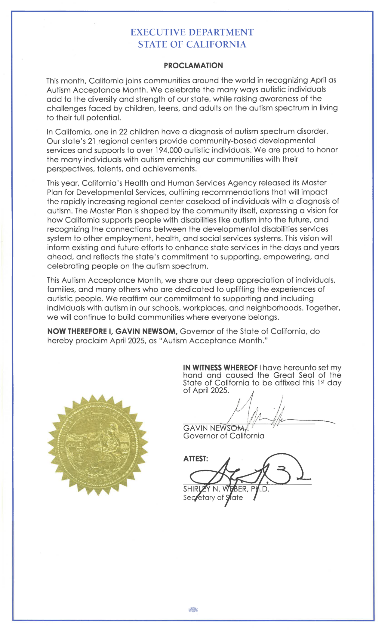 Governor Newsom proclaims Autism Acceptance Month | Governor of California