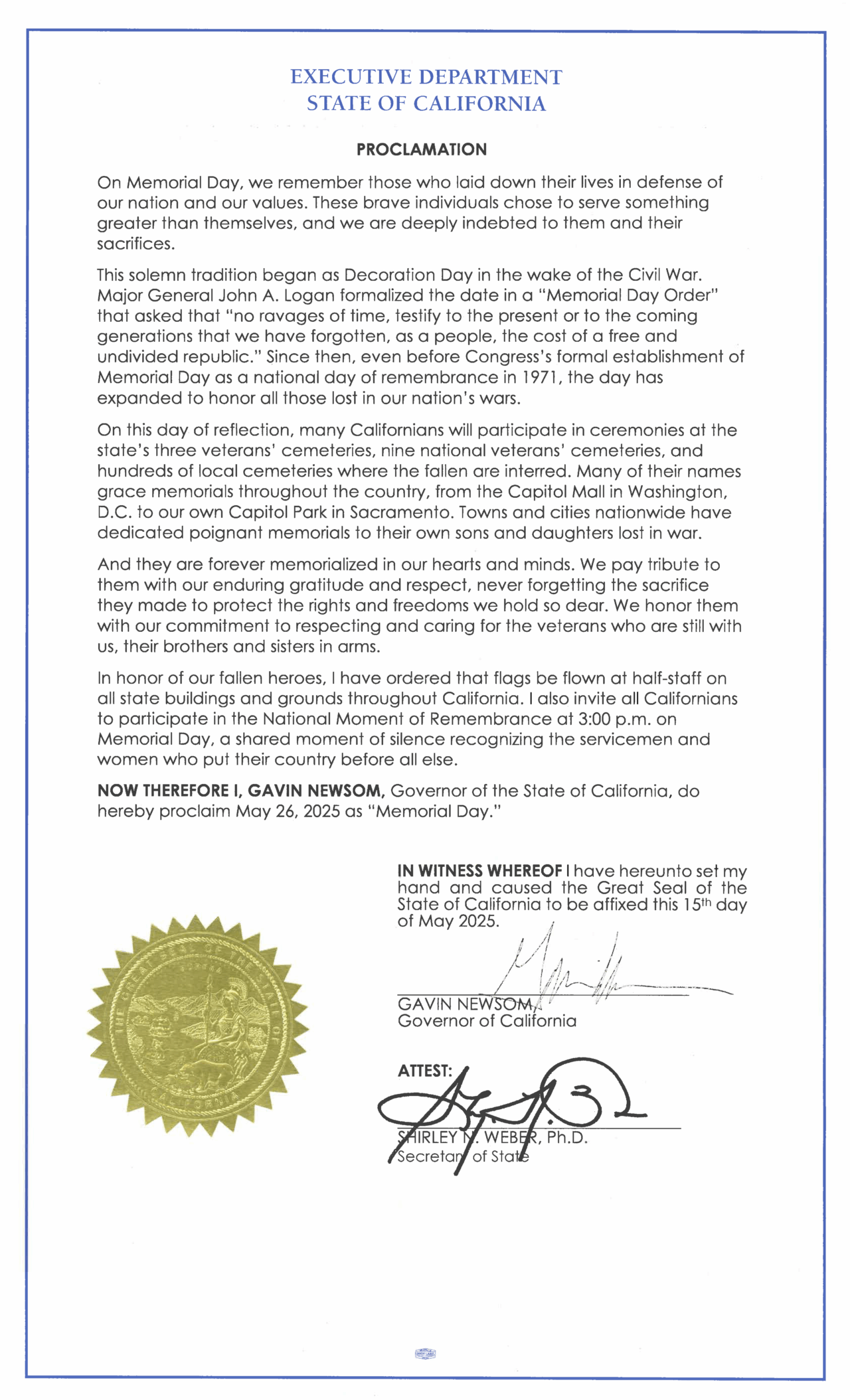 Governor Newsom proclaims Memorial Day 2025 | Governor of California