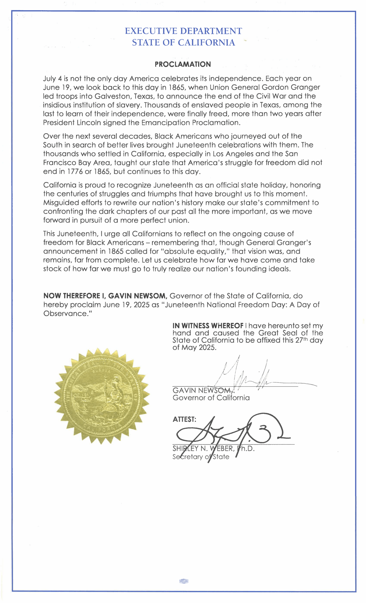 Governor Newsom proclaims Juneteenth Day of Observance | Governor of ...
