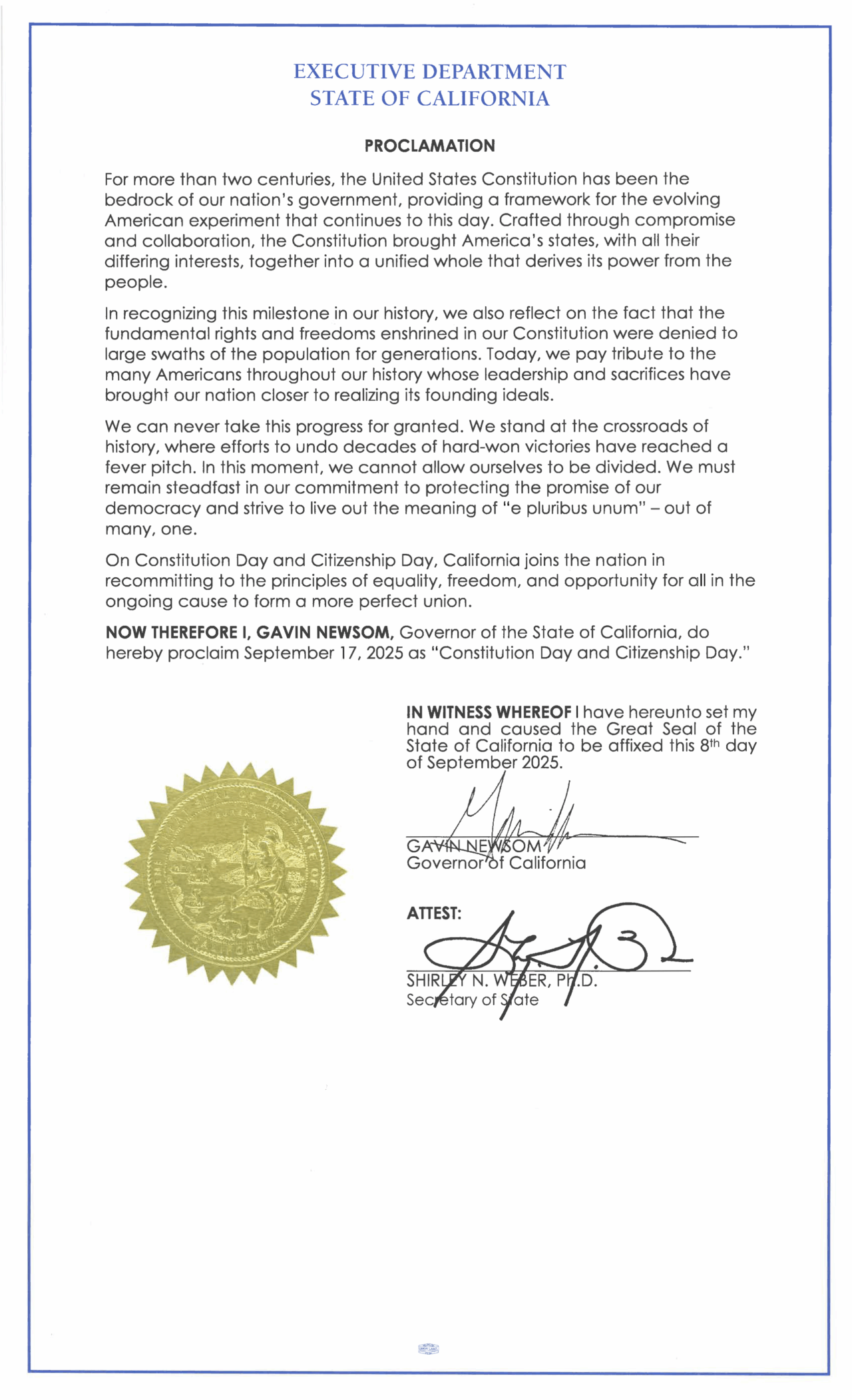 Governor Newsom proclaims Constitution Day and Citizenship Day ...