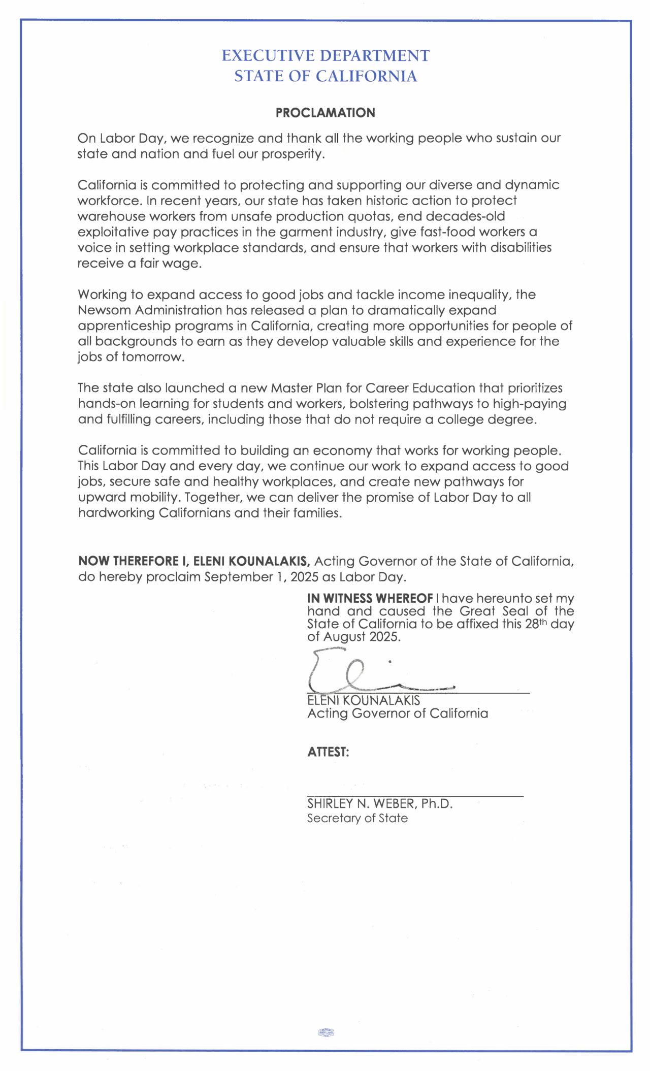 Acting Governor Eleni Kounalakis proclaims Labor Day | Governor of ...