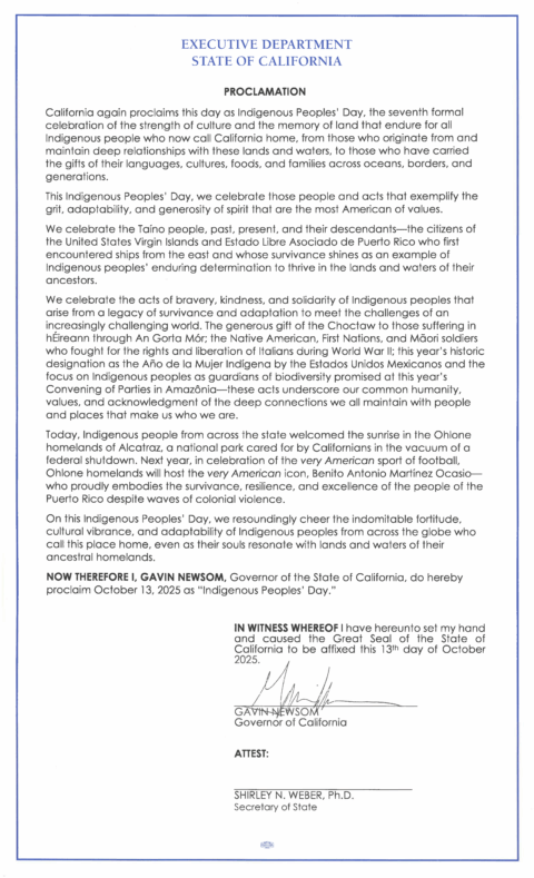 Governor Newsom proclaims Indigenous Peoples’ Day | Governor of California