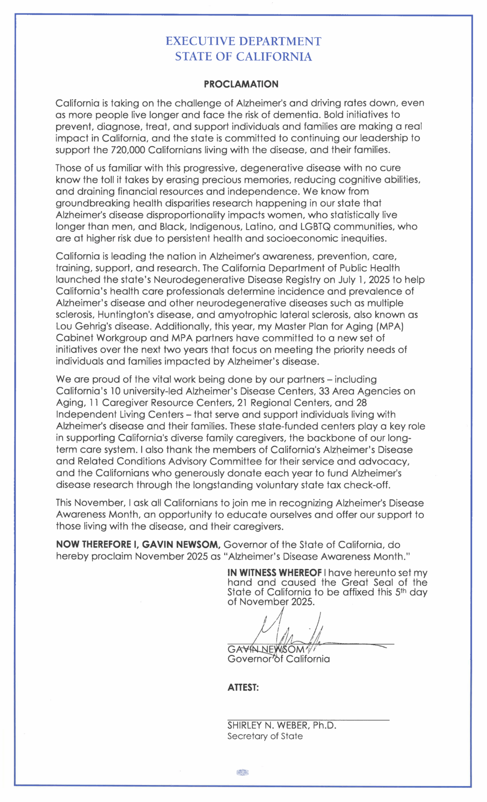 Governor Newsom proclaims Alzheimer’s Disease Awareness Month ...