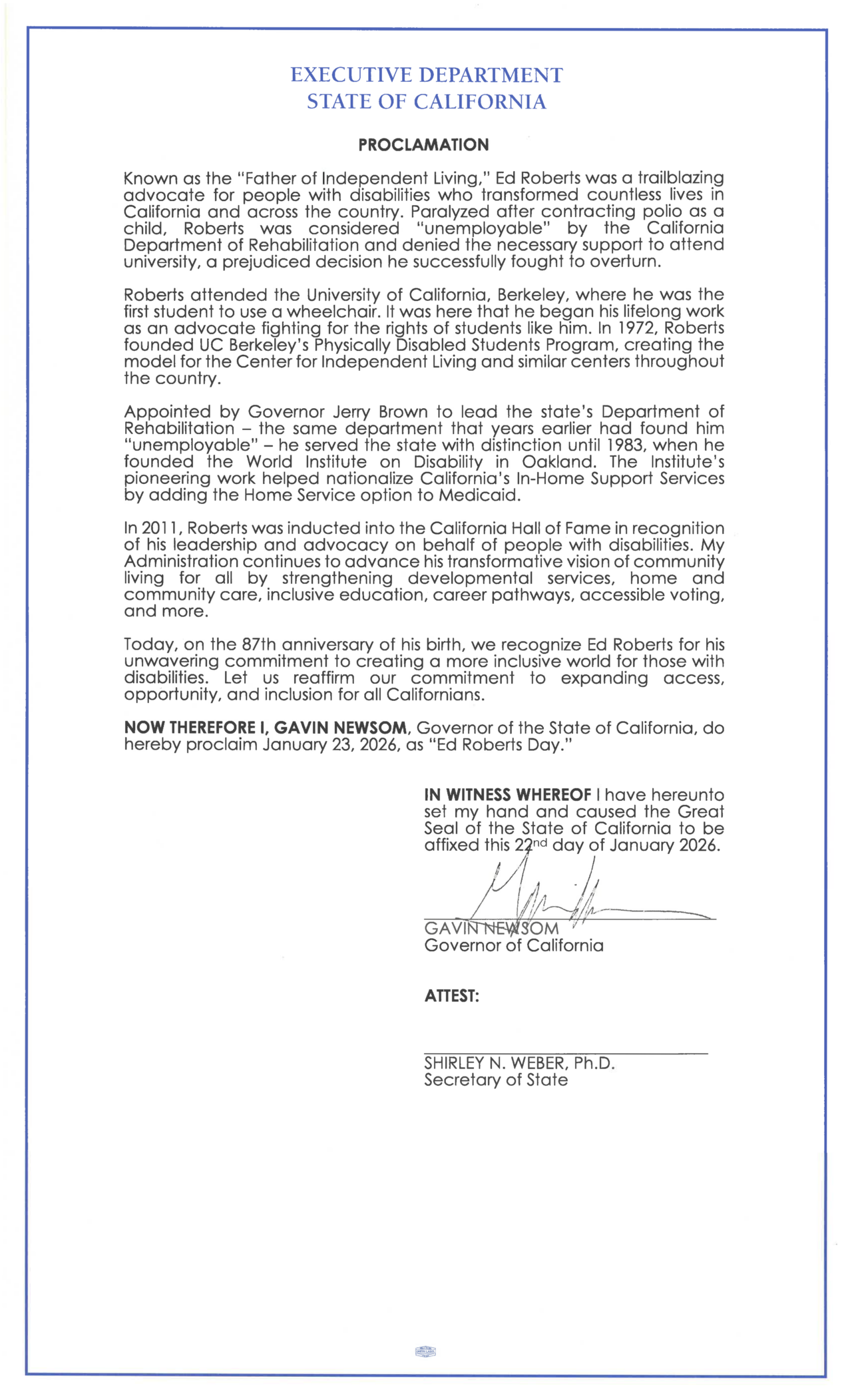 Governor Newsom proclaims Ed Roberts Day 2026 | Governor of California
