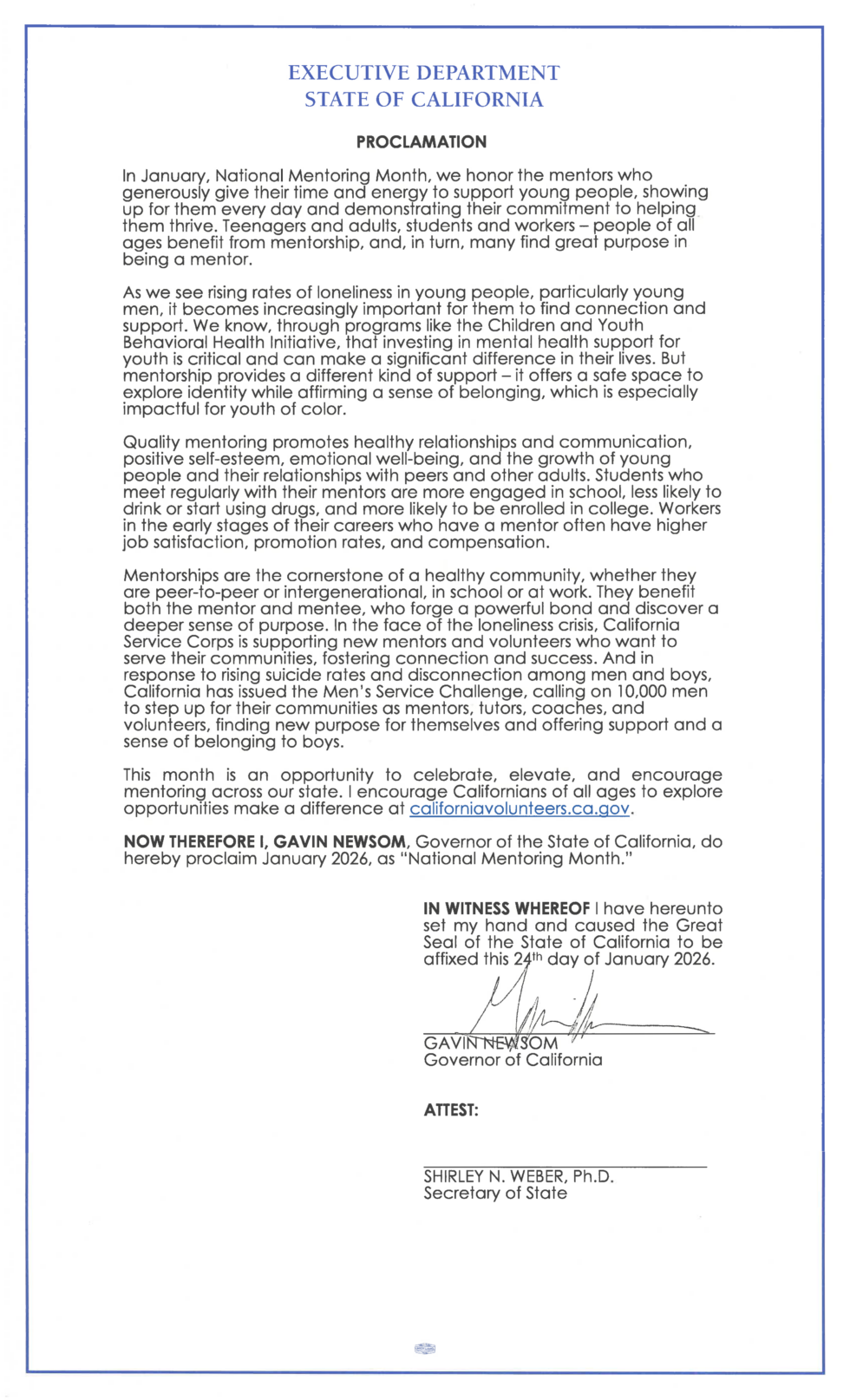 Governor Newsom proclaims National Mentoring Month | Governor of California