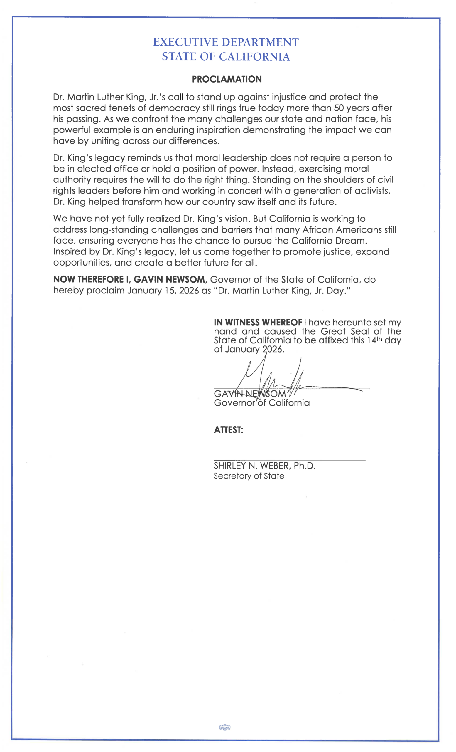 Governor Newsom Proclaims Dr. Martin Luther King, Jr. Day 2026 ...