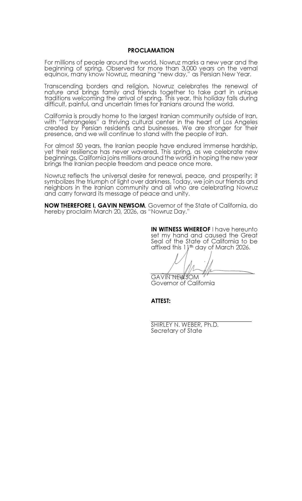 Governor Newsom proclaims Nowruz | Governor of California