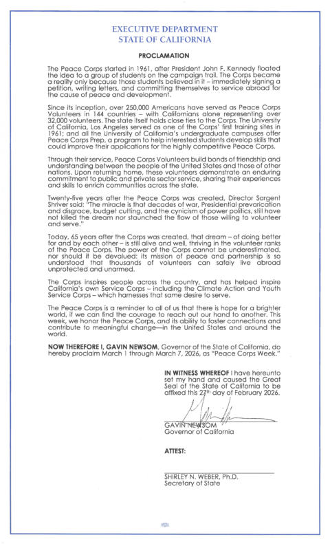 Governor Newsom proclaims Peace Corps Week | Governor of California
