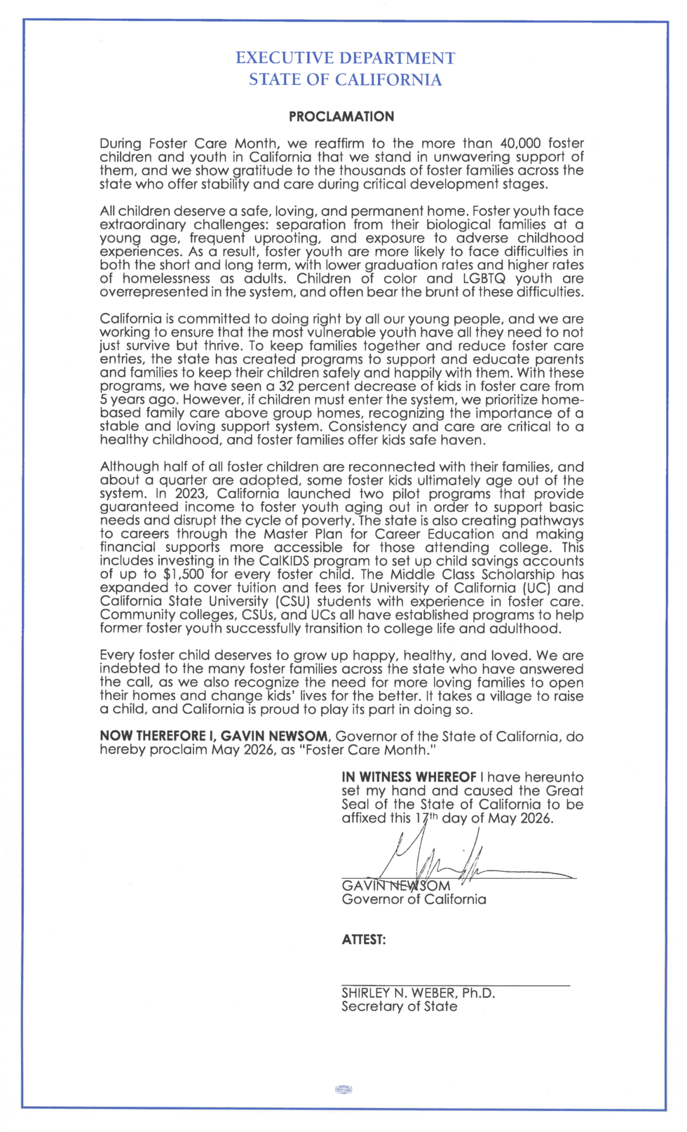 Governor Newsom proclaims Foster Care Month | Governor of California