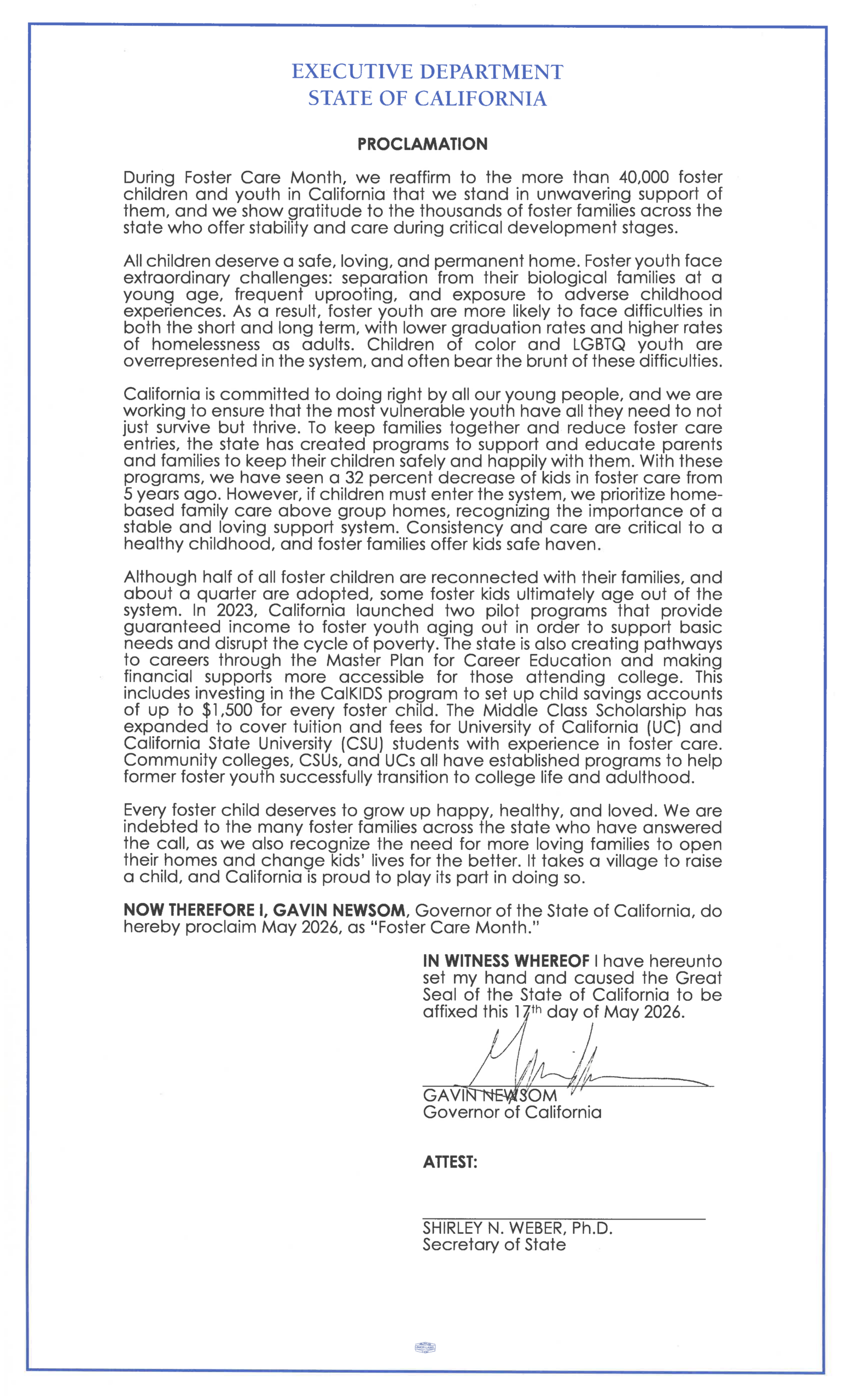 Governor Newsom proclaims Foster Care Month | Governor of California