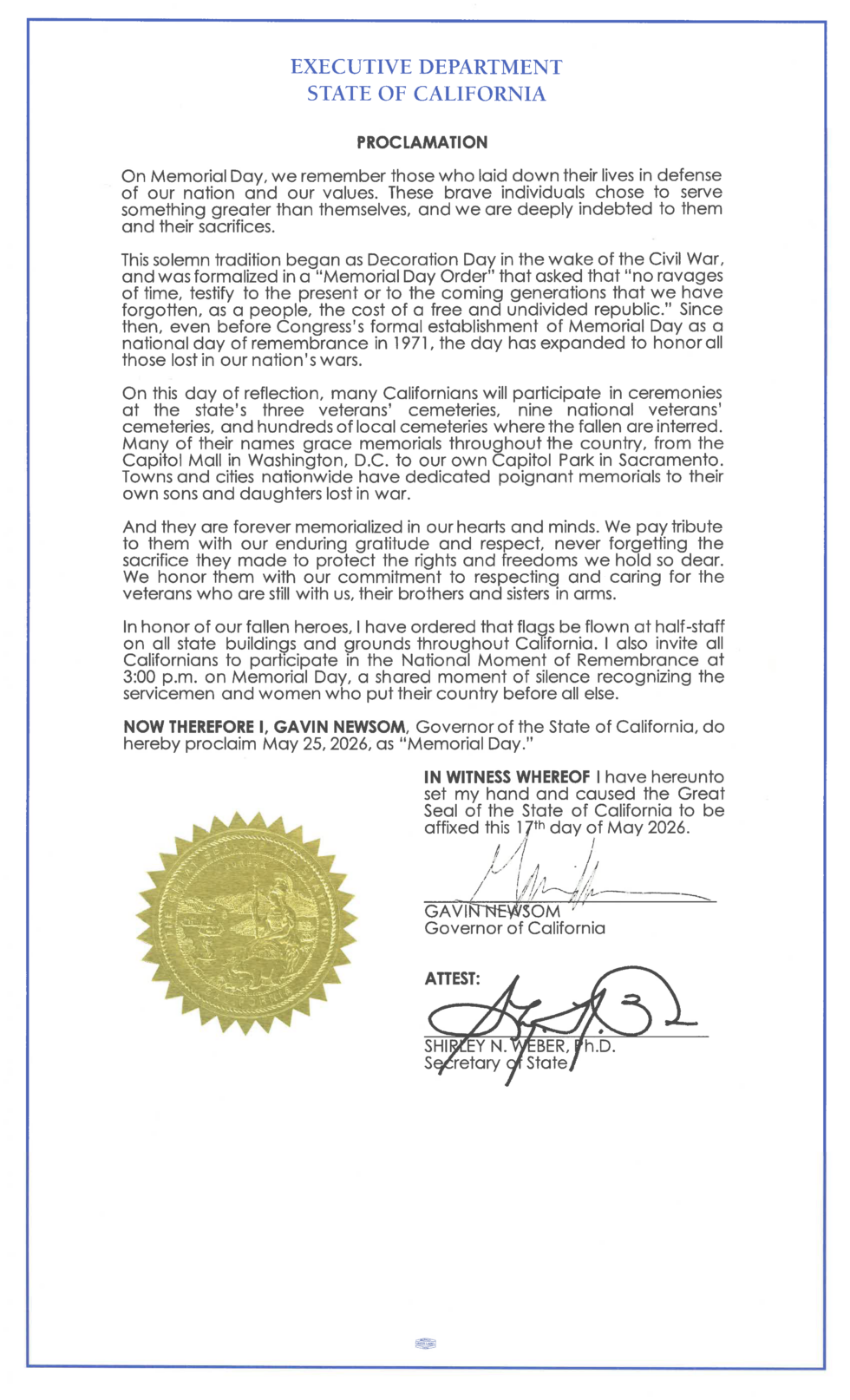Governor Newsom proclaims Memorial Day | Governor of California