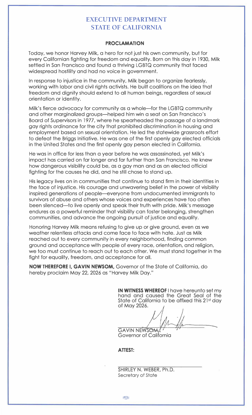 Governor Newsom proclaims Harvey Milk Day | Governor of California