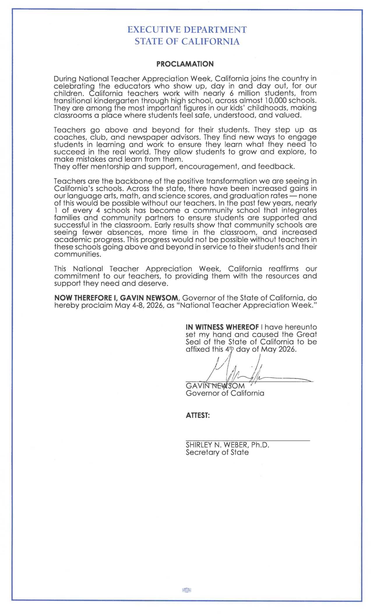 Governor Newsom proclaims National Teacher Appreciation Week | Governor ...
