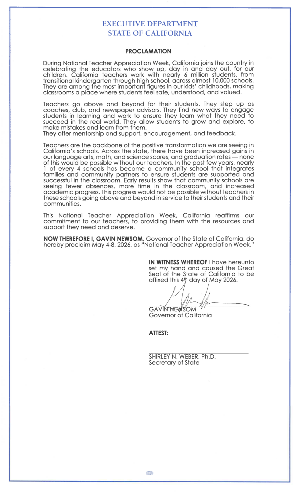 Governor Newsom proclaims National Teacher Appreciation Week | Governor ...