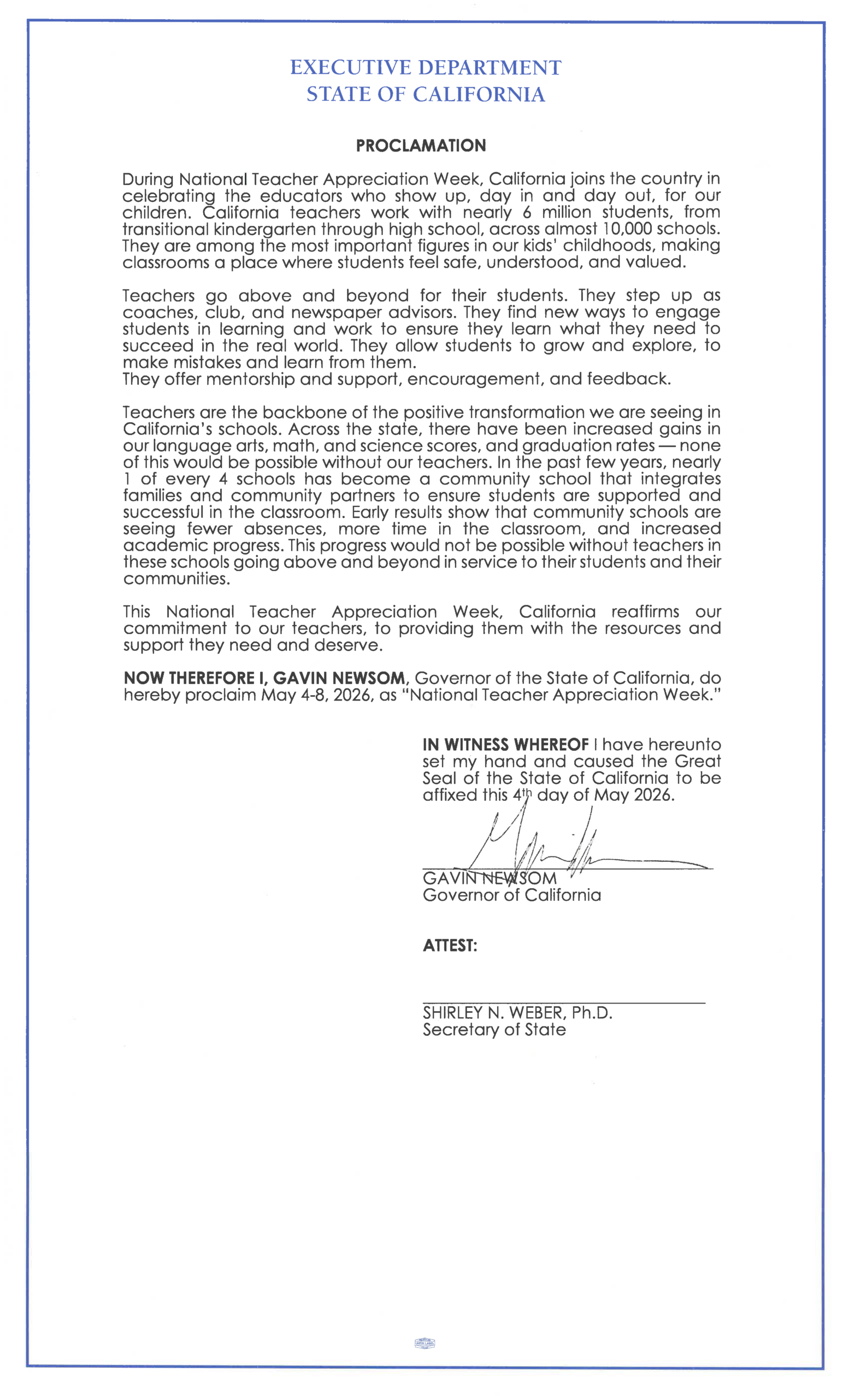 Governor Newsom proclaims National Teacher Appreciation Week | Governor ...
